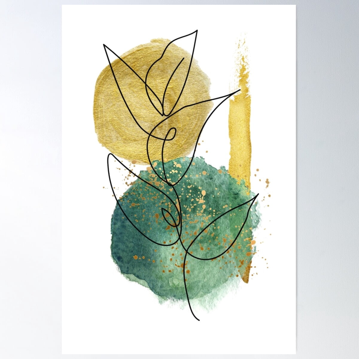 Green & Gold Flower Floral Abstract Leaf Design Watercolour Line ...