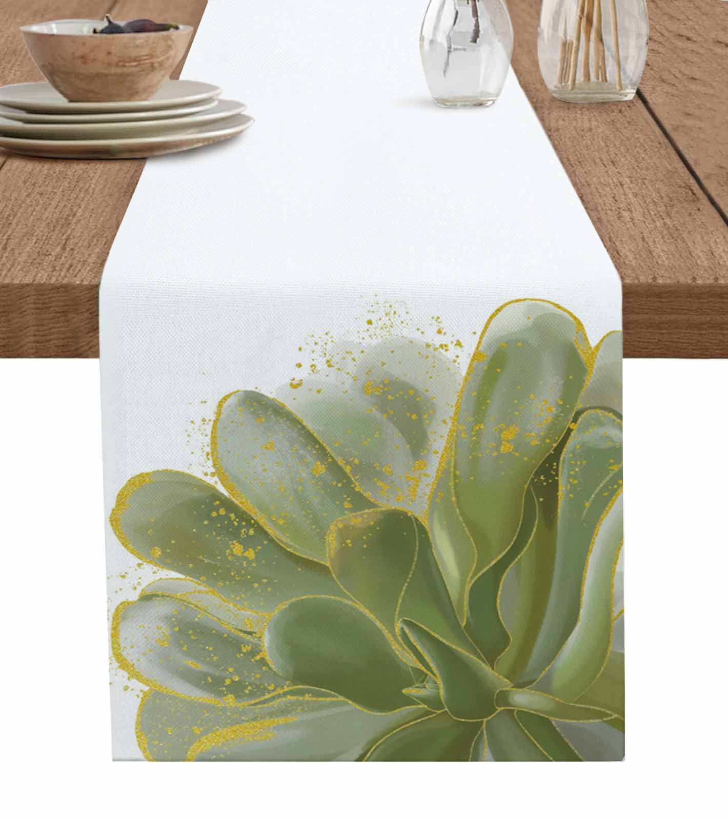 Green Gold Flower Table Runners 90 Inches Long, Cotton Linen Fabric ...