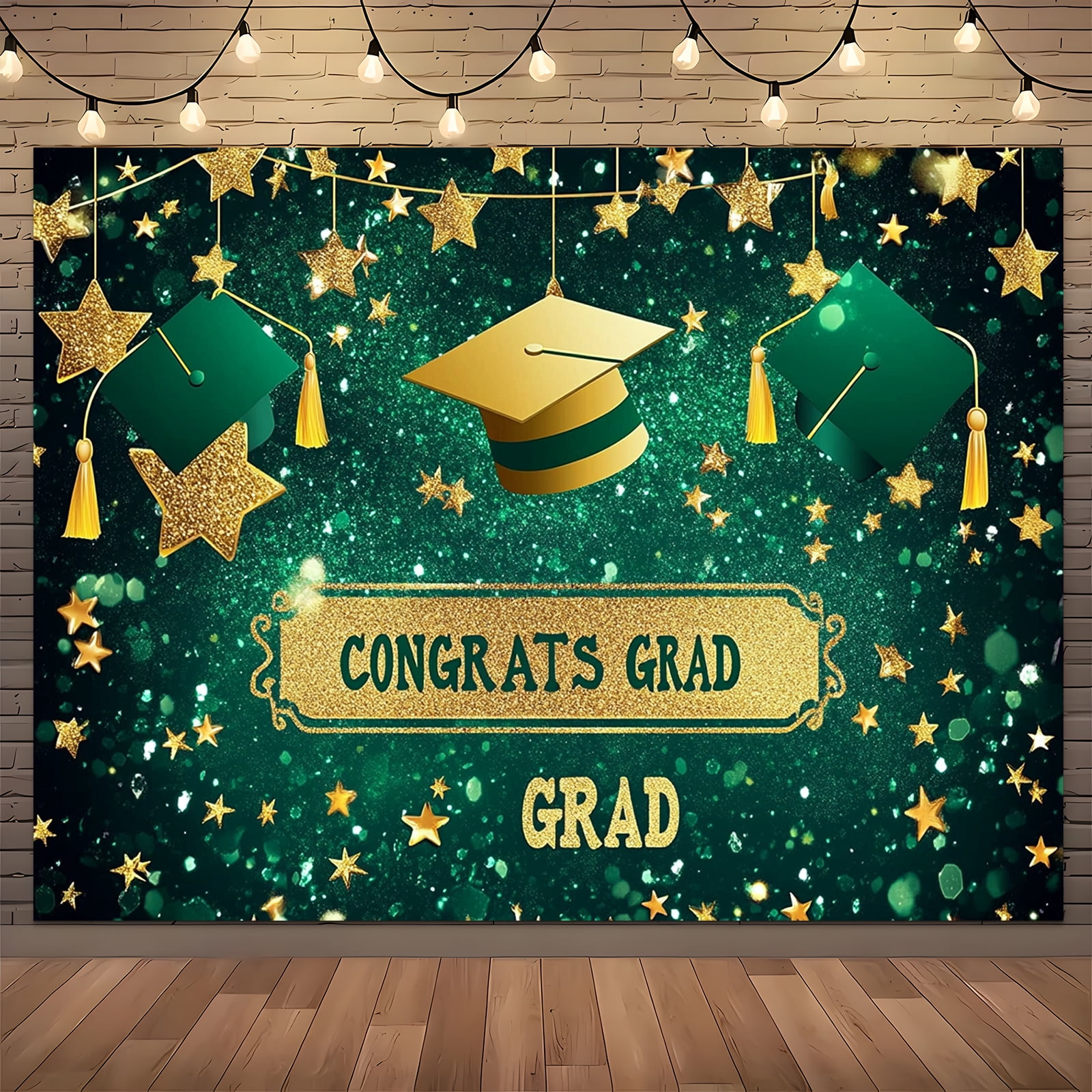 Green Gold Graduation Backdrop Green Golden Glitter Stars Congrats GRAD ...