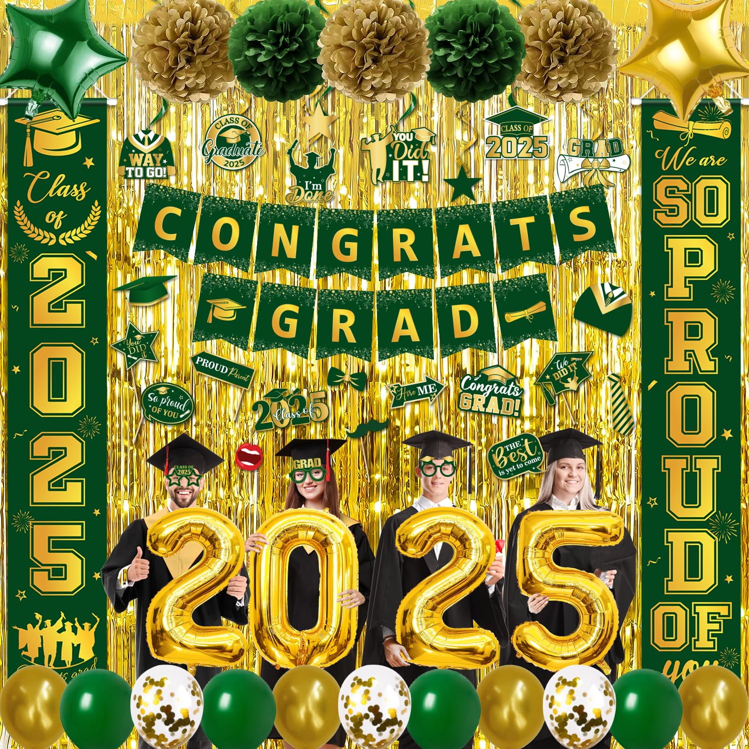 Green and Gold Graduation MMF7 Decorations, Grad Decor with Congrats ...