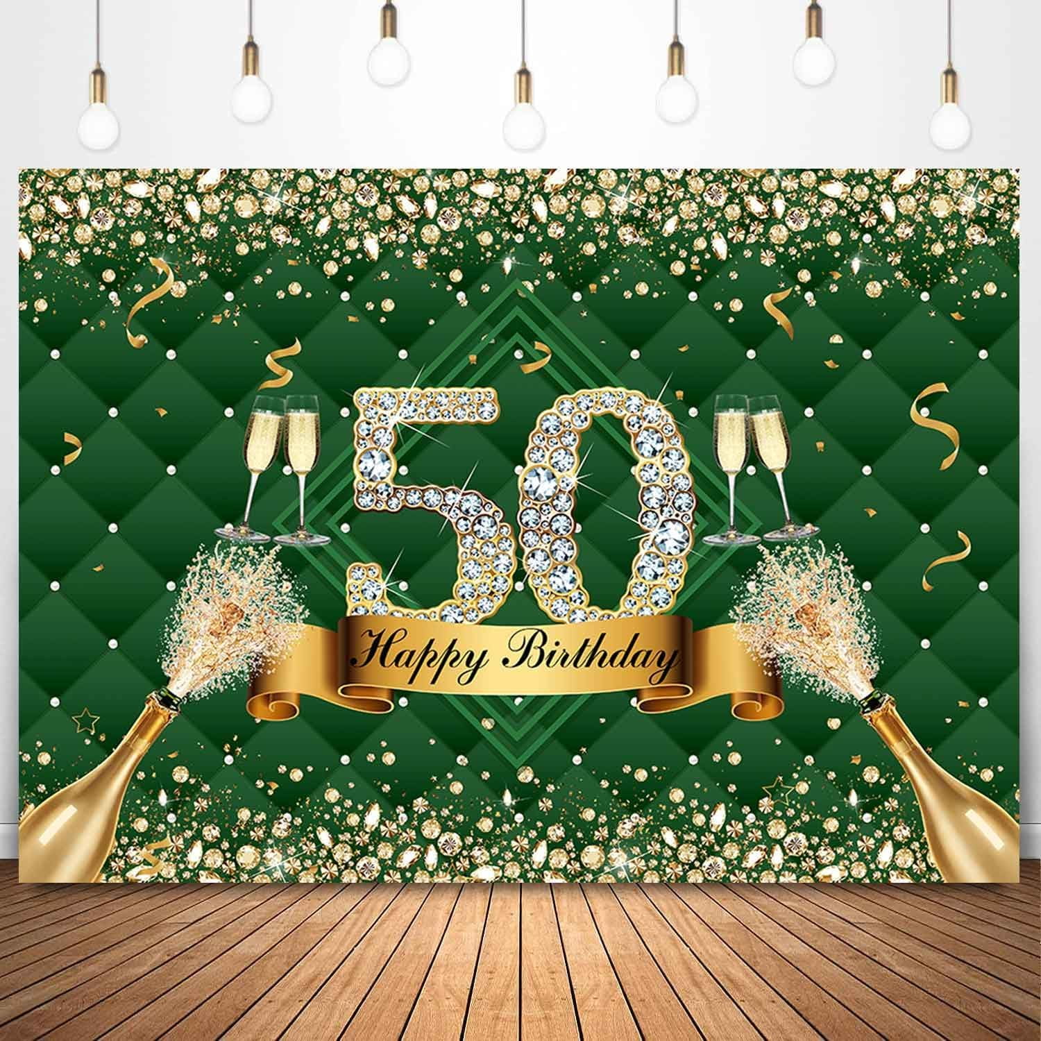 Green Gold Happy 50th Birthday Backdrop Diamond Champagne Fifty ...