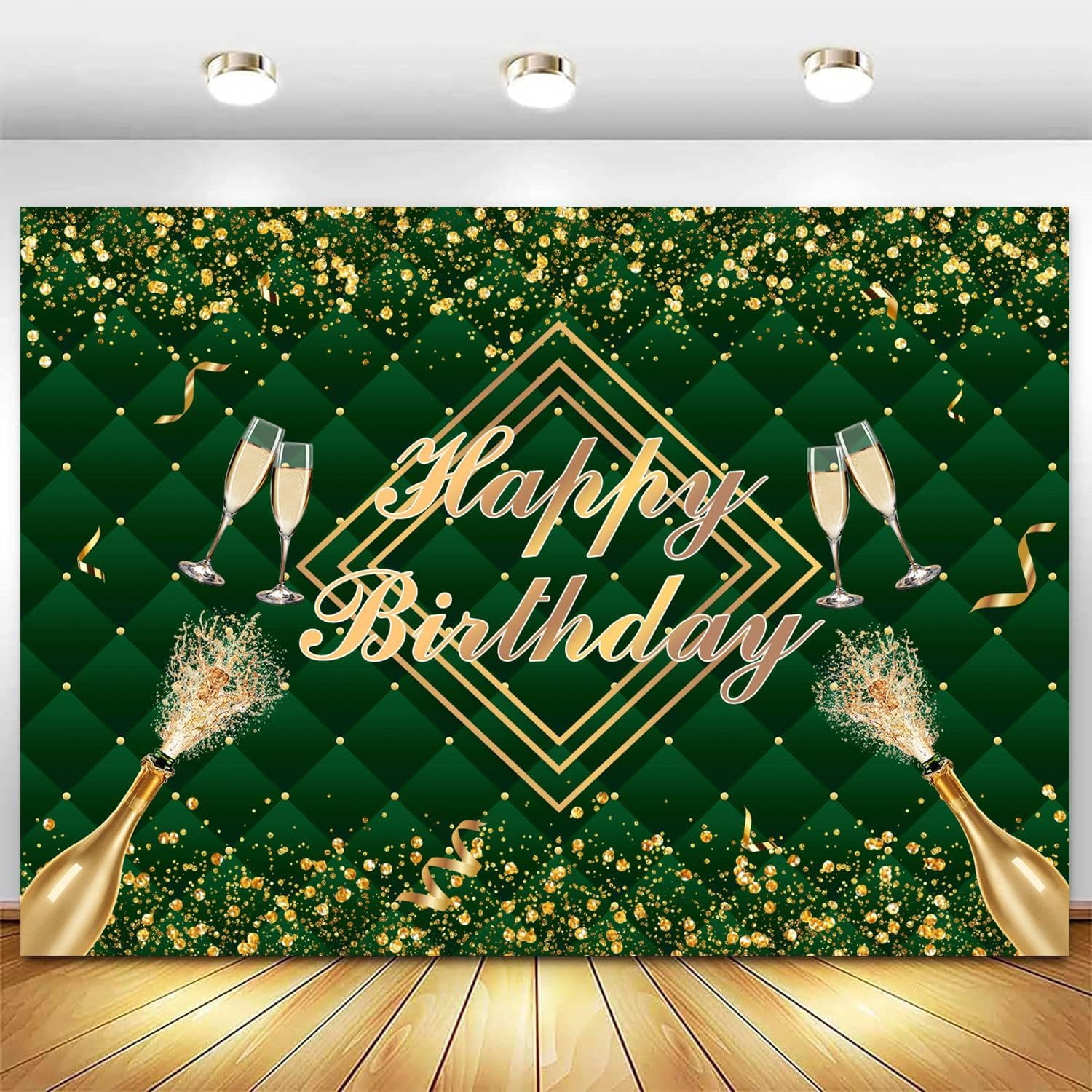 Green Gold Happy Birthday Banner Backdrop Glitter Sequins Crystals ...
