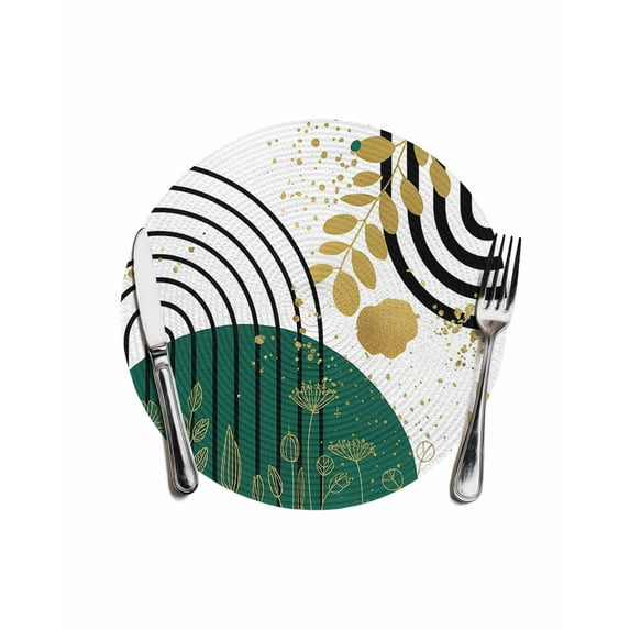 Green Gold Leaf Black Circle Round Table Placemats 1 pc, Boho Mid ...