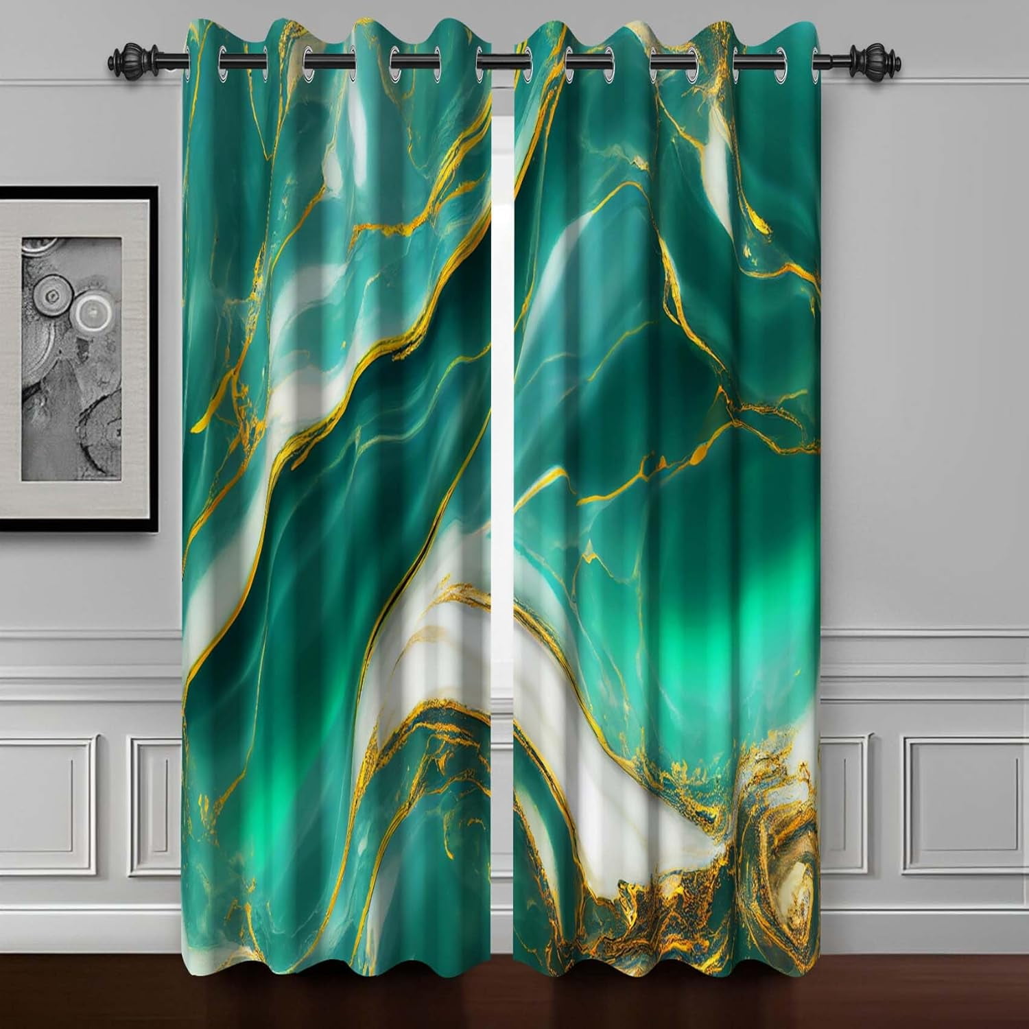 Green Gold Marble Blackout Curtains, Fluid Art Gold Texture Window ...