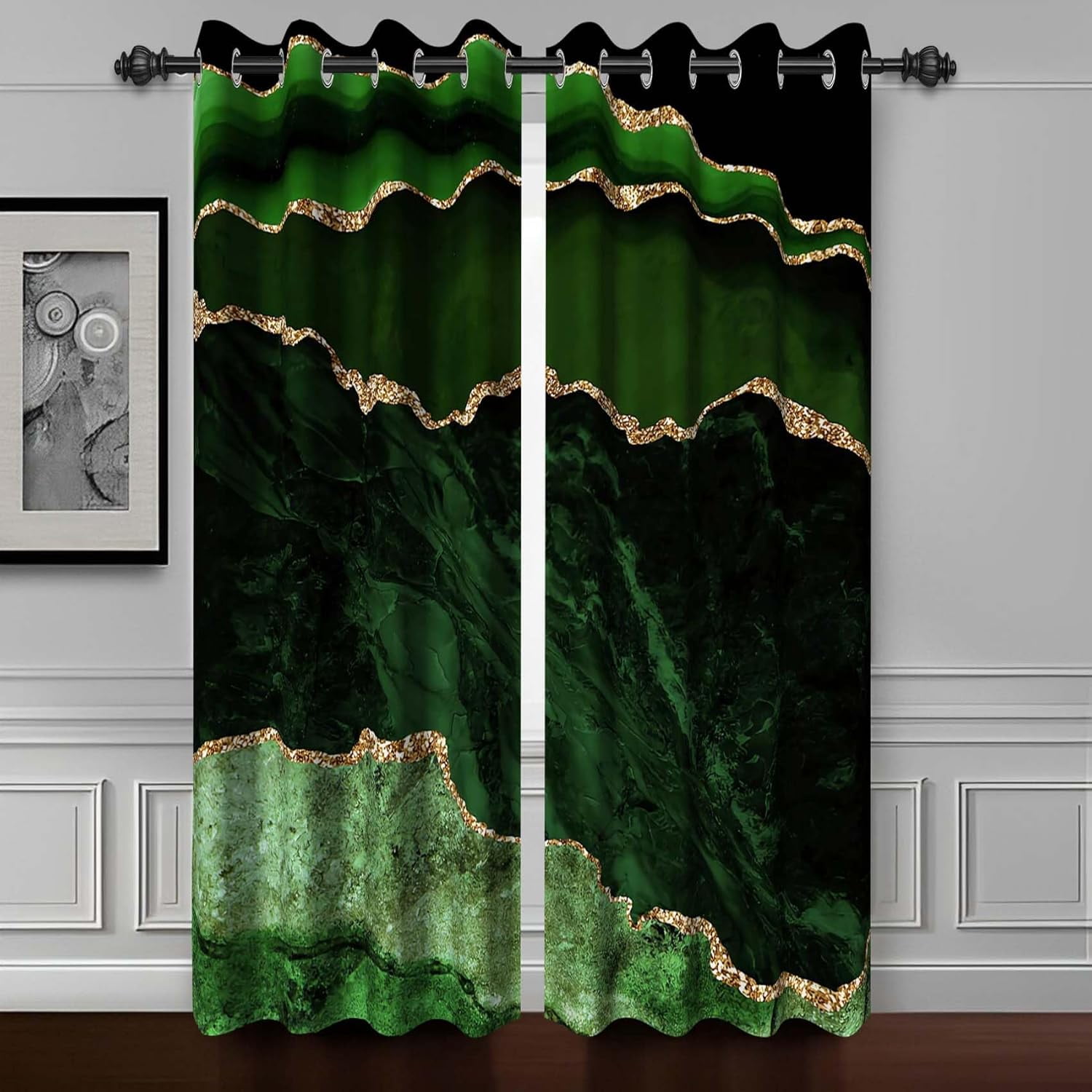 Green Gold Marble Blackout Curtains, Fluid Art Gold Texture Window ...
