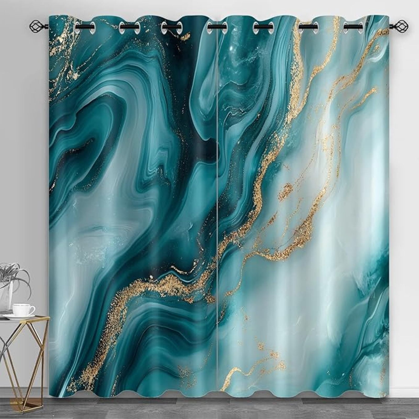 Green Gold Marble Curtain For Living Room, Luxury Art Blackout Curtains ...