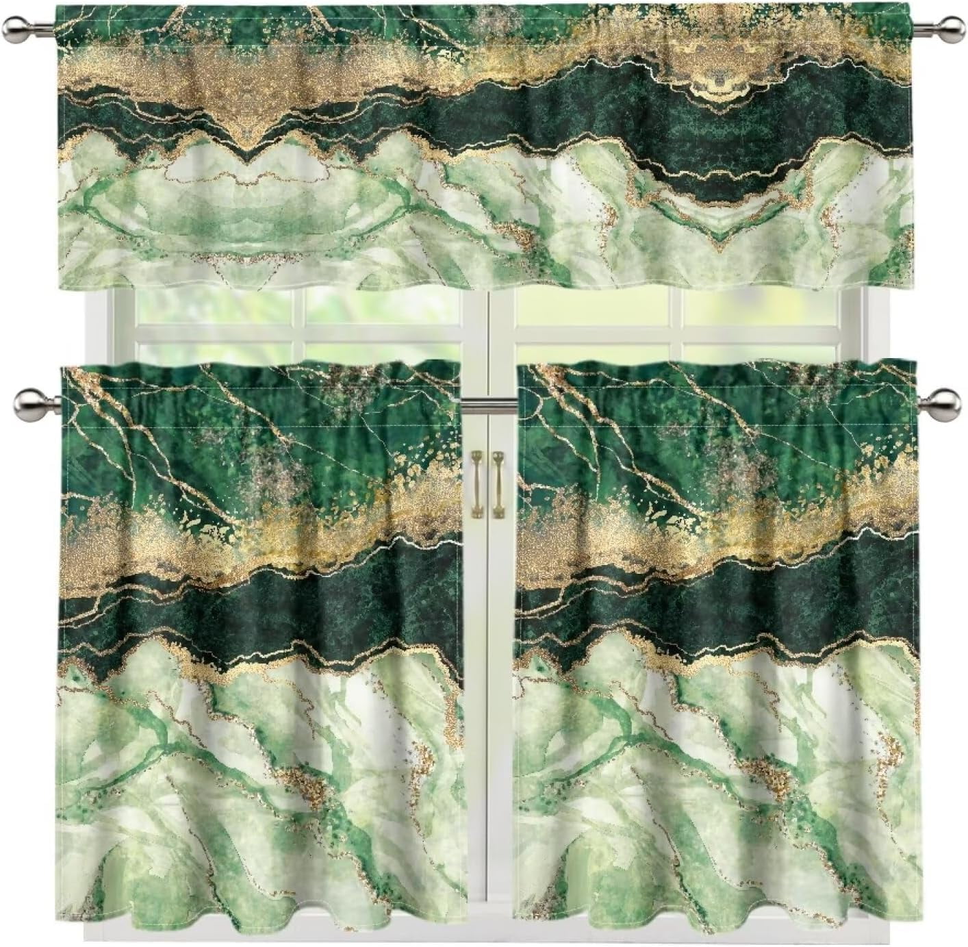 Green and Gold Marble Kitchen Curtains 3 Piece Set Privacy Rod Pocket ...