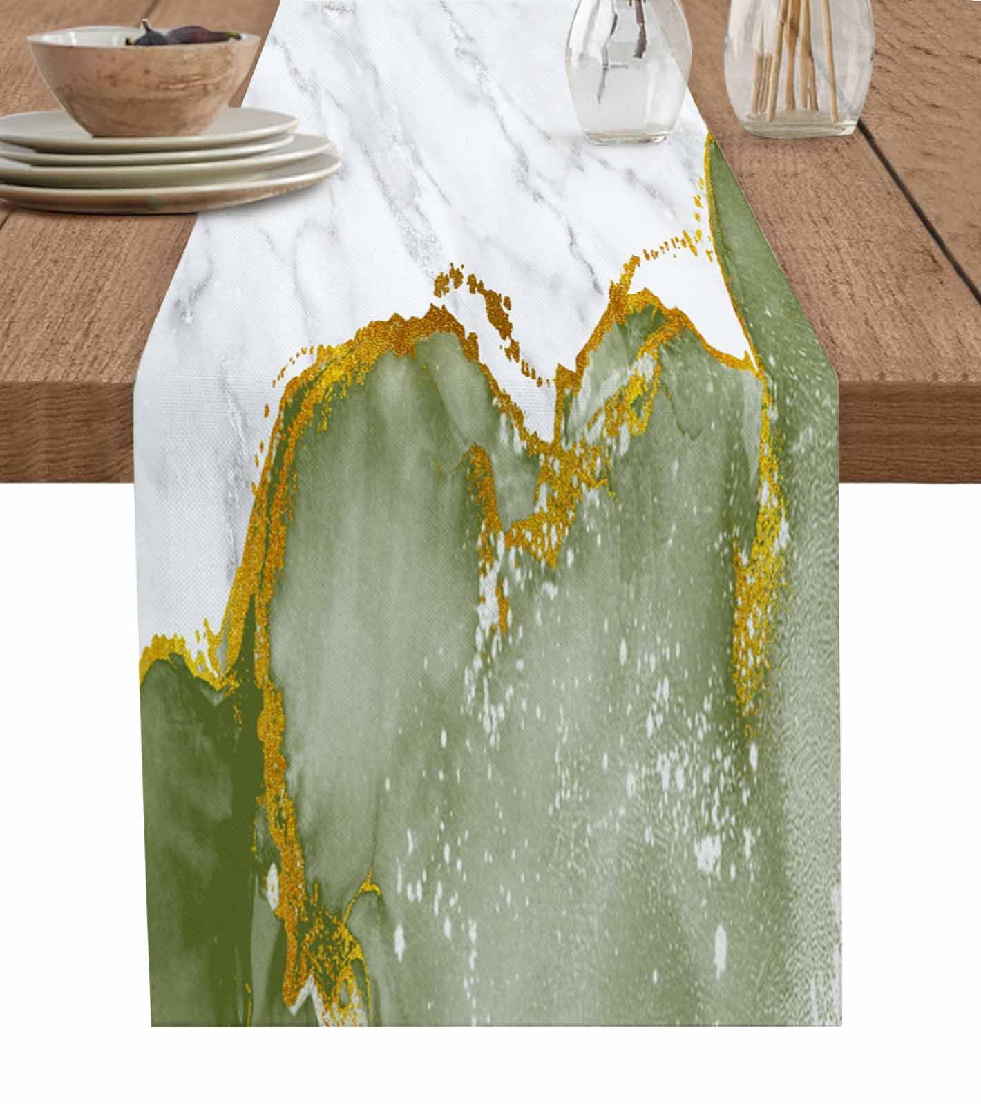 Green Gold Marble Short Table Runners 48 Inches, Cotton Linen Fabric ...