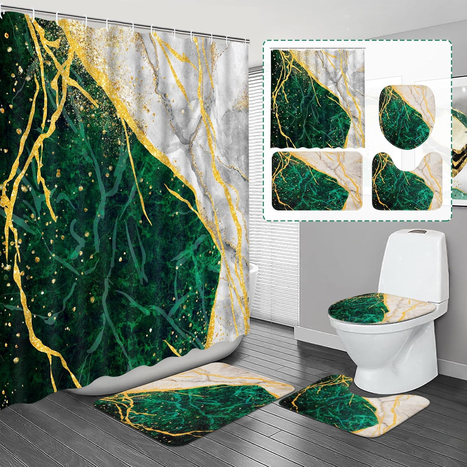 Green and Gold Marble Shower Curtain Sets with Rugs, Emerald Green Gold ...