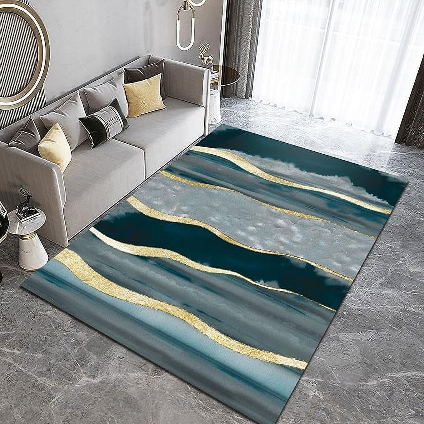 Green Gold Marble Texture Area Rug, Retro Abstract Water Ripple Printed ...