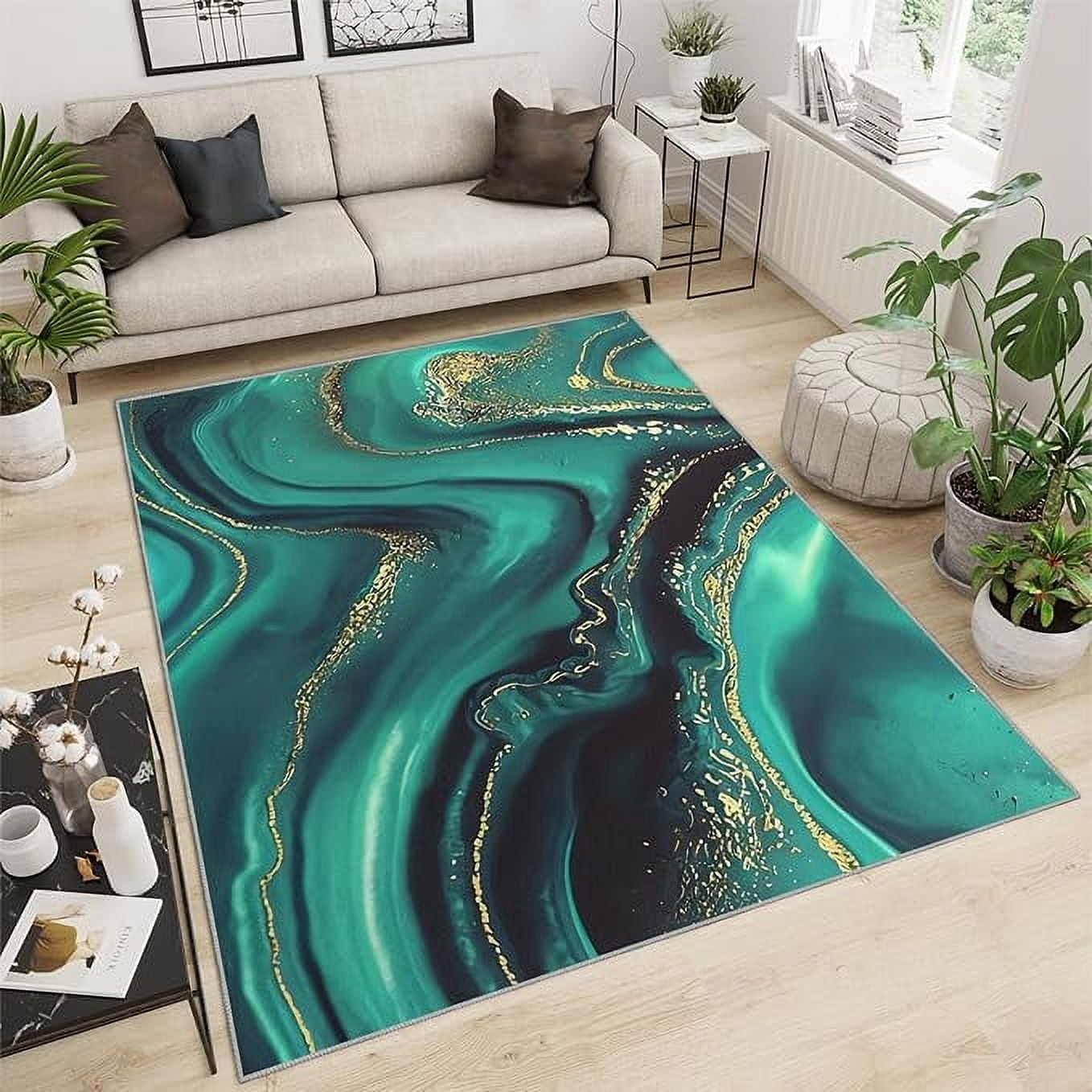 Green Gold Marble Texture Bedroom Entryway Rug, Abstract Gold Fluid Art ...