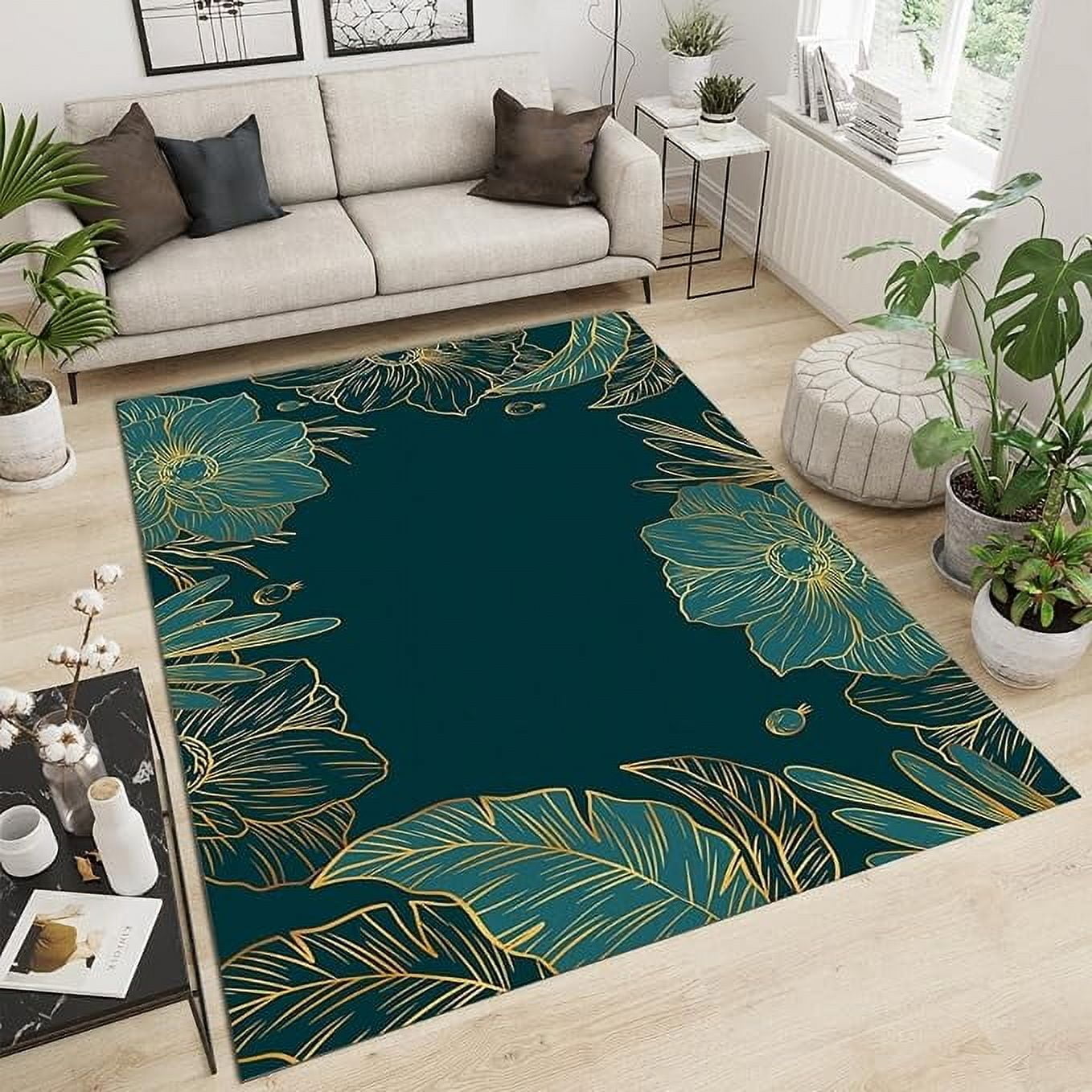 Green Gold Palm Leaves Area Rugs, Emerald Green Plant Leaves Easy Clean ...