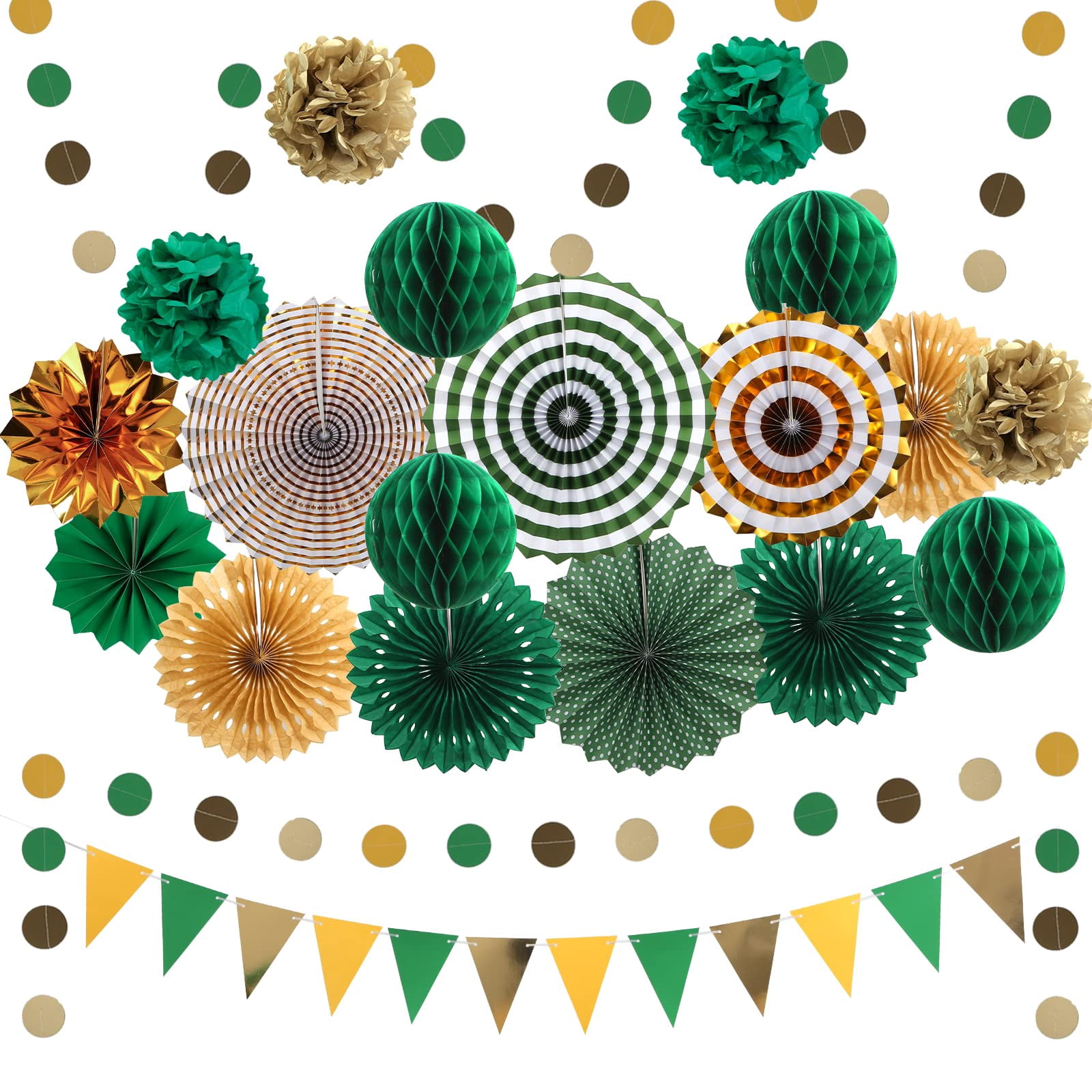 Green and Gold Paper KEF16 Fan Graduation Party Hanging Paper Fans, Pom ...