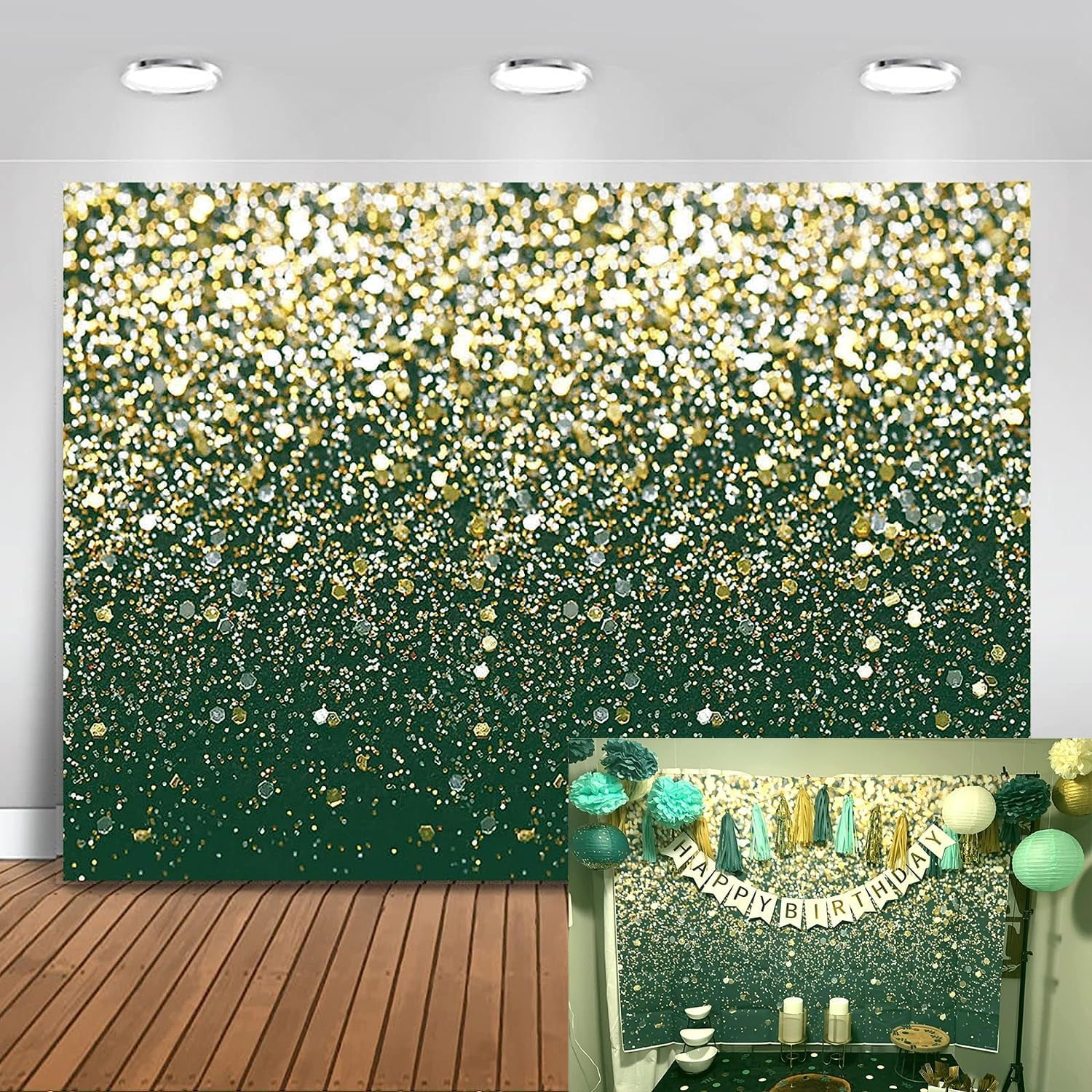 Green and Gold Pretty Backdrop Green Gold Birthday Golden Sequin Spots ...
