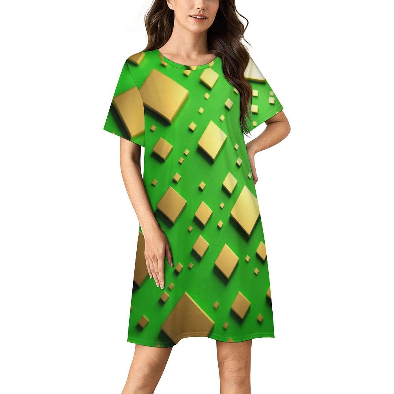 Green Gold Squares Modern Art Women Nightgown Sleepwear Short Sleeves ...