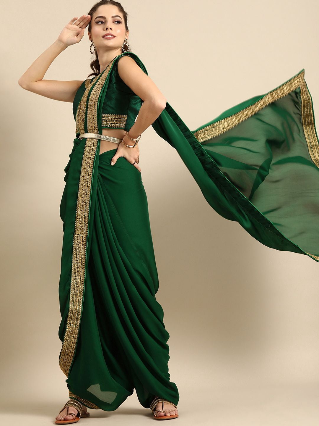 Green & Golden Satin Solid Saree - 13833284 - Walmart.com