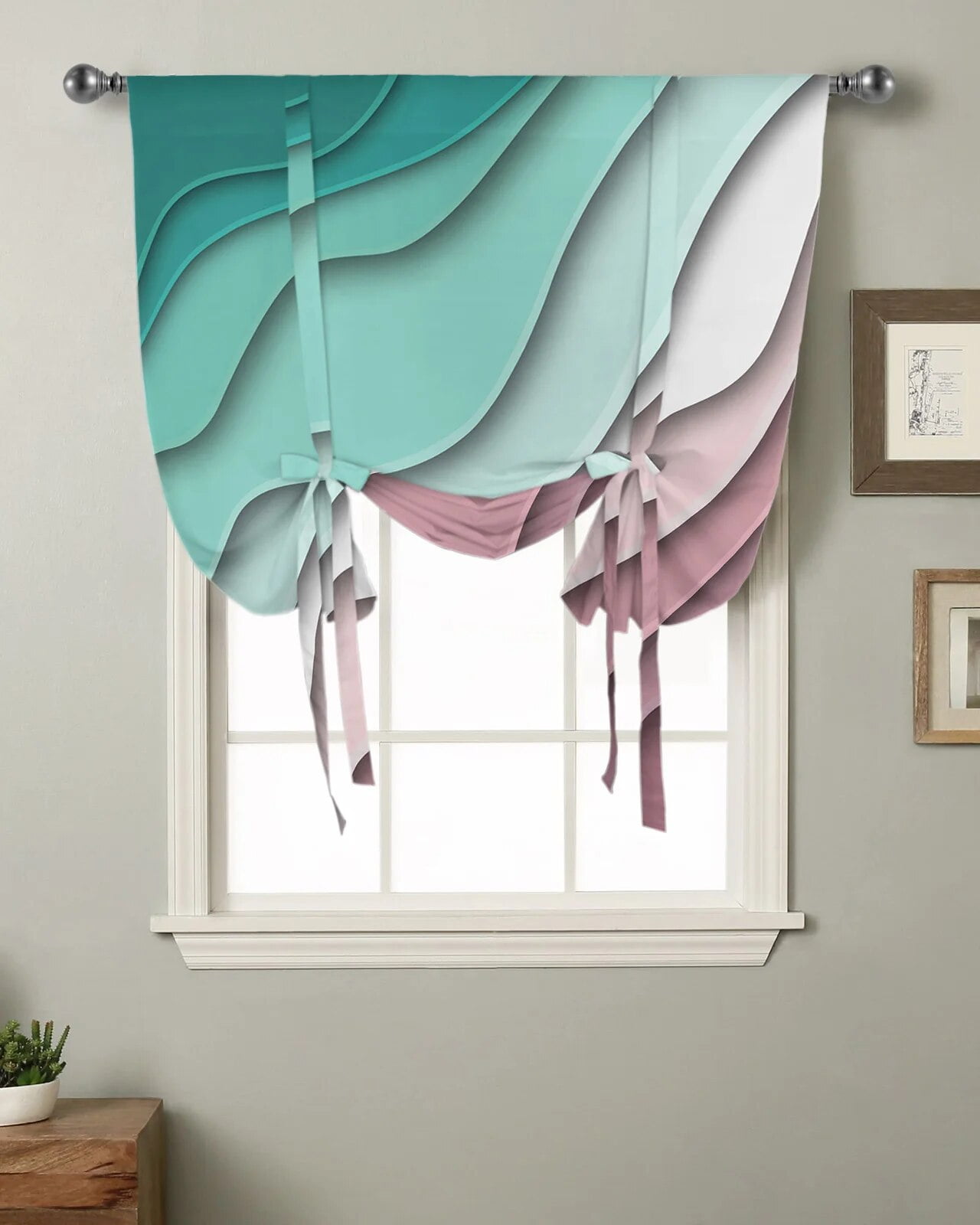 Green Gradient Dark Red Modern Geometric Kitchen Short Window Curtain ...