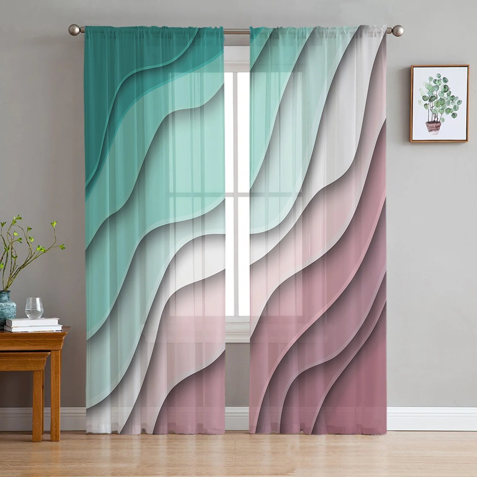 Green Gradient Dark Red Modern Geometric Tulle Curtains Living Room ...