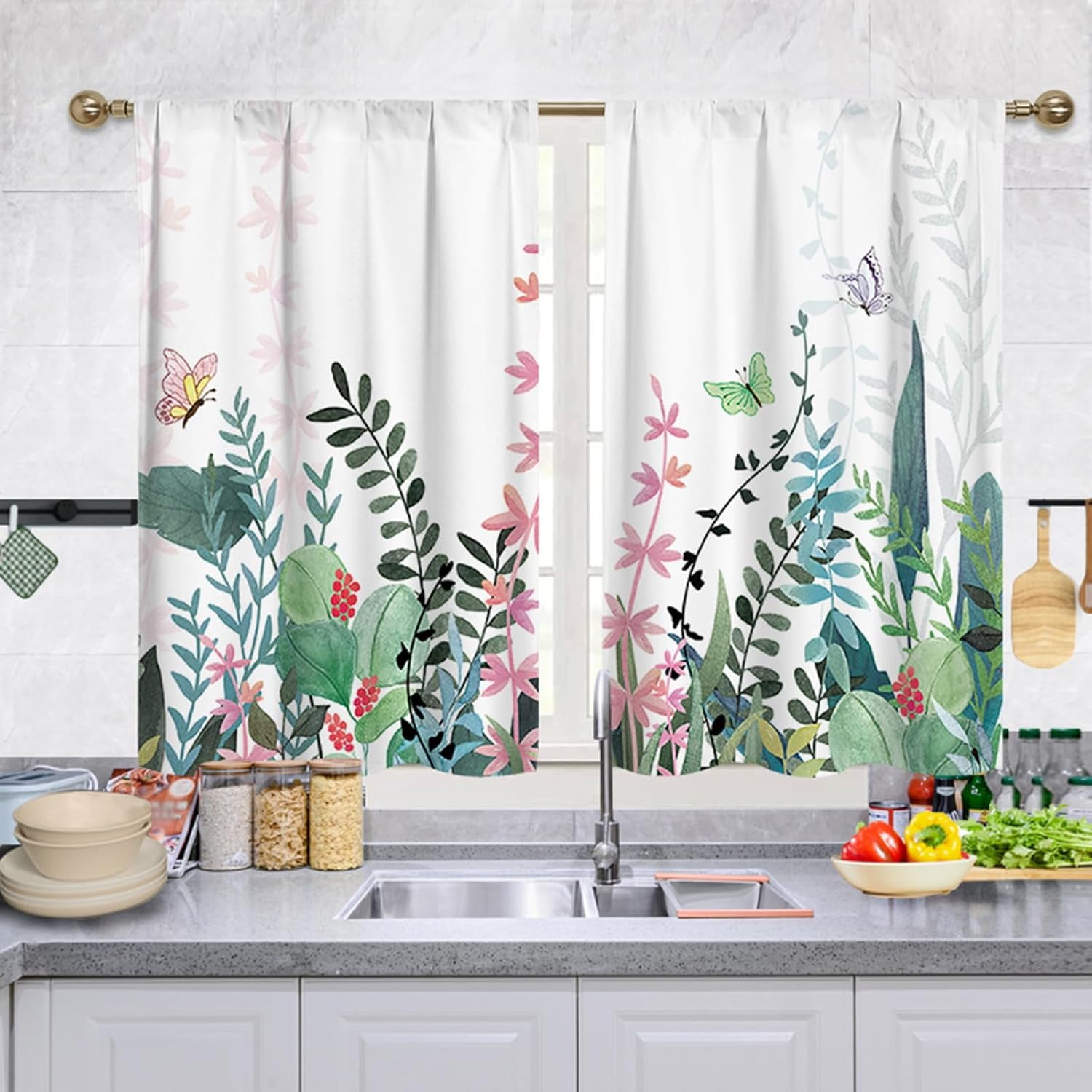 Green Grass Butterflies Window Tier Curtains, 2 Panels, 39" L x 27.5" W ...