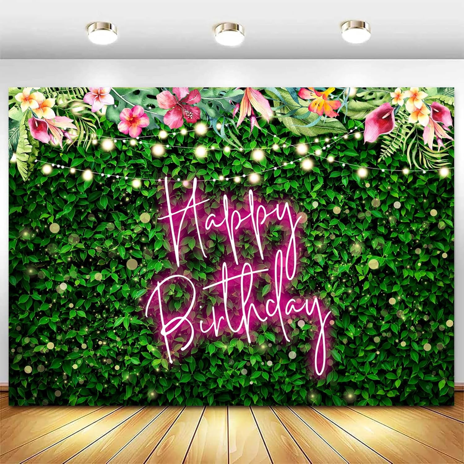 Green Grass Floral Birthday Backdrop Natural Rustic Lawn Leaves Flowers ...