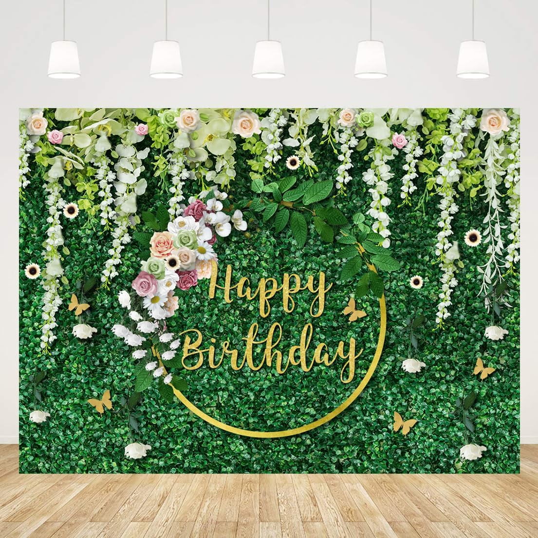 Green Grass Floral Happy Birthday Backdrop Gold Sign Nature Flowers ...