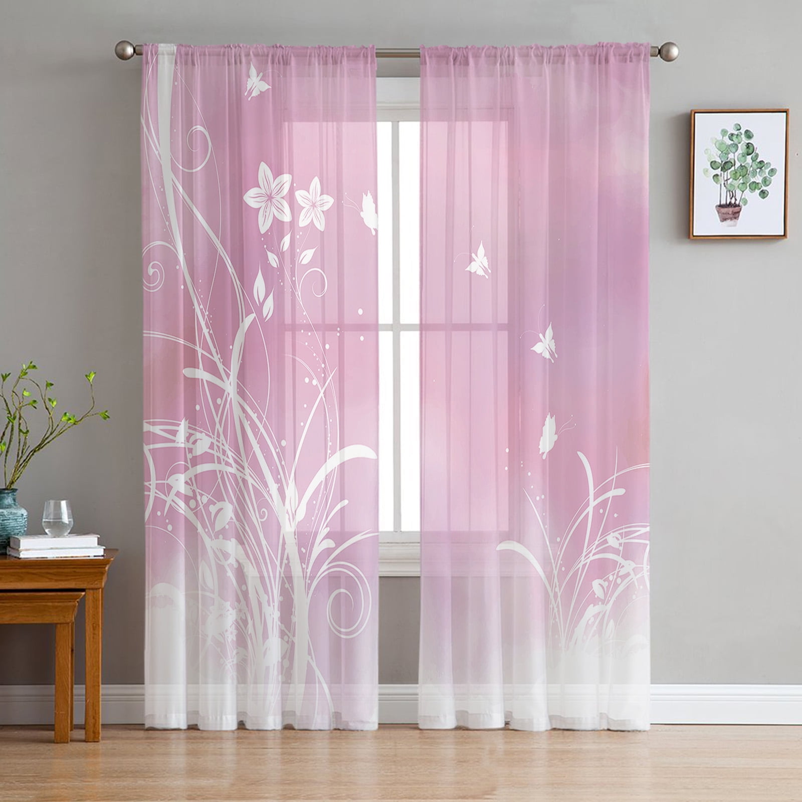 Green Grass Flower Butterfly Tulle Curtains for Living Room Bedroom ...