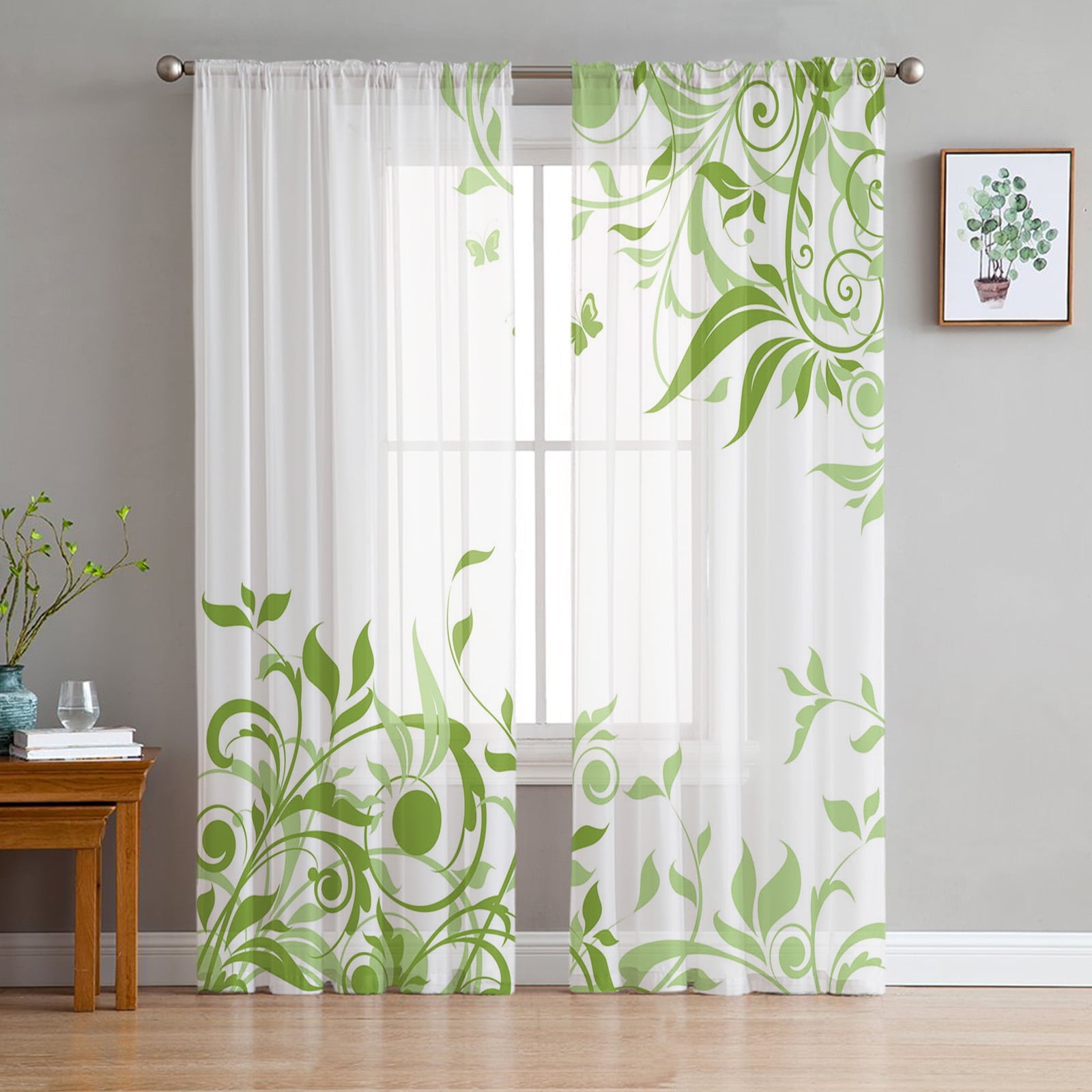 Green Grass Flower Butterfly Tulle Curtains for Living Room Bedroom ...