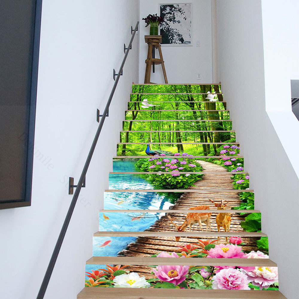 Green Grass Path Stair Stickers Tree-lined Trail Self-Adhesive ...