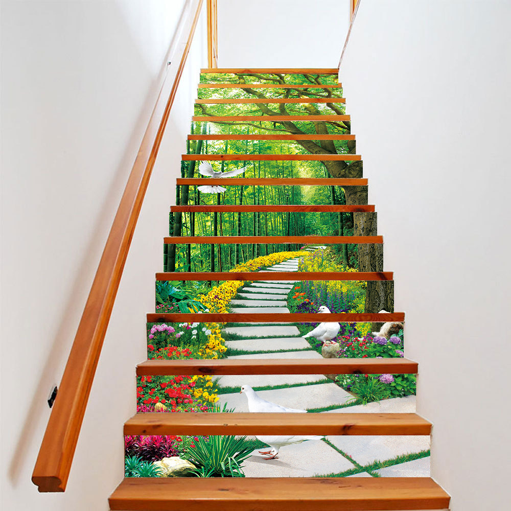 Green Grass Path Stair Stickers Tree-lined Trail Self-Adhesive ...
