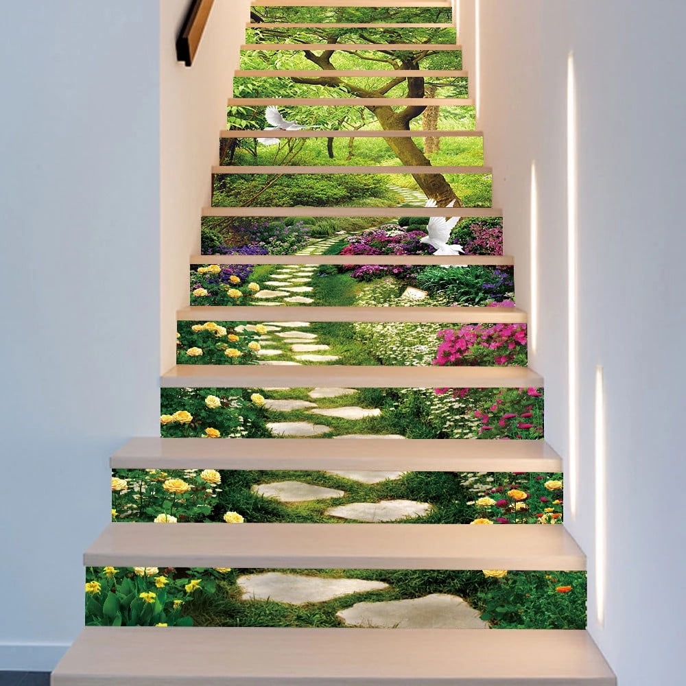 Green Grass Path Stair Stickers Tree-lined Trail Self-Adhesive ...