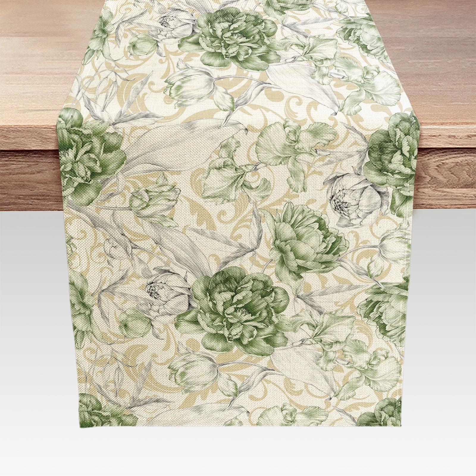 Green Gray Table Runner Flower Table Runners Modern Elegant Pompon ...