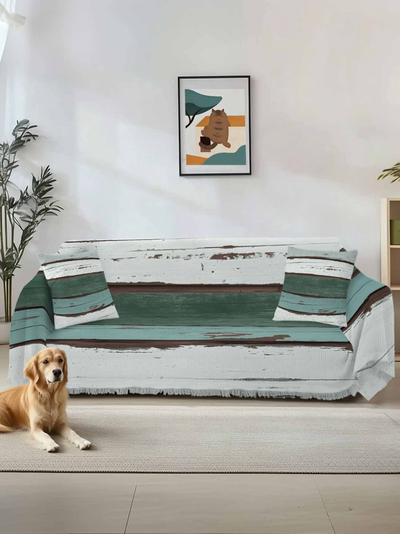 Green Gray White Couch Cover for 2 Cushion Sofa, Country Vintage ...