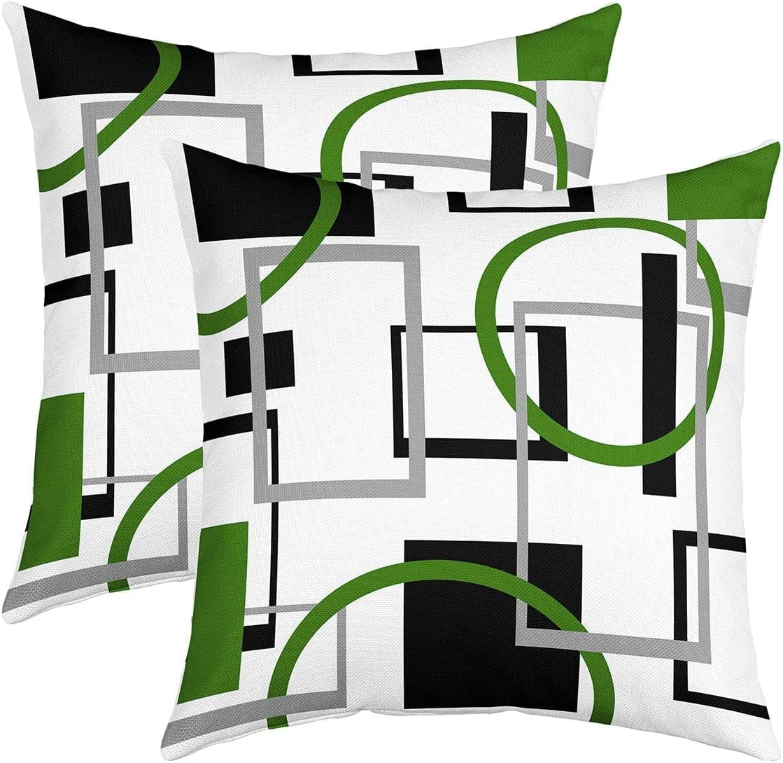 Green Grey Black Geometric Plaid Reversible Throw Pillow Covers 16 x 16 ...