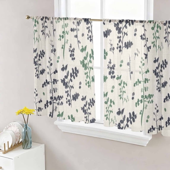 Green Grey Botanical Sheer Curtains 45 Inch Length 2 Panels Set, Rustic ...