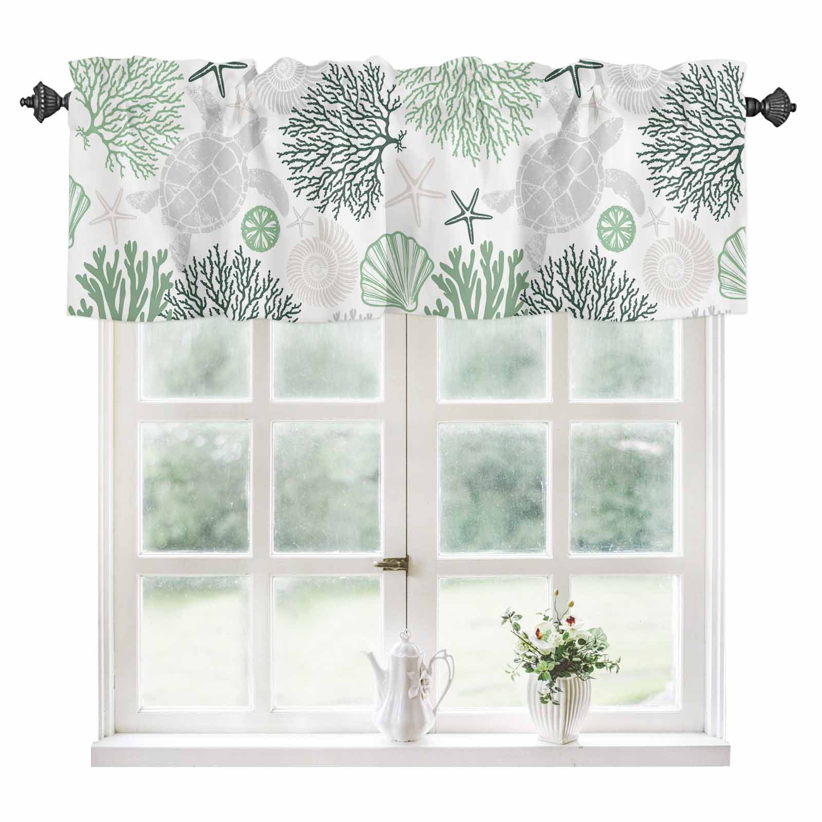 Green Grey Coastal Turtle Kitchen Valances for Windows 42x12 Inch ...