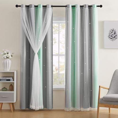 Green Grey Curtains for Girls Bedroom Decor Kids Blackout Curtains for ...