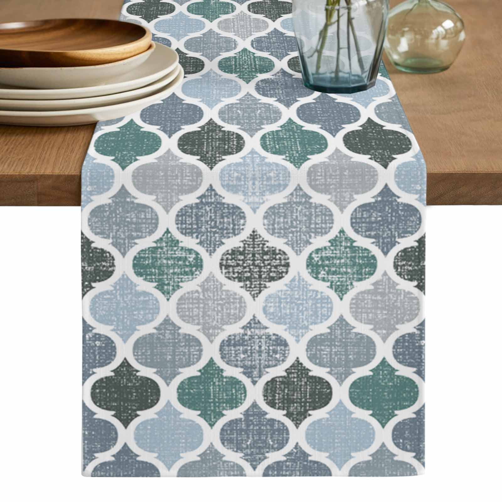 Green Grey Morocco Pattern Table Runner, Turquoise Modern Moroccan ...
