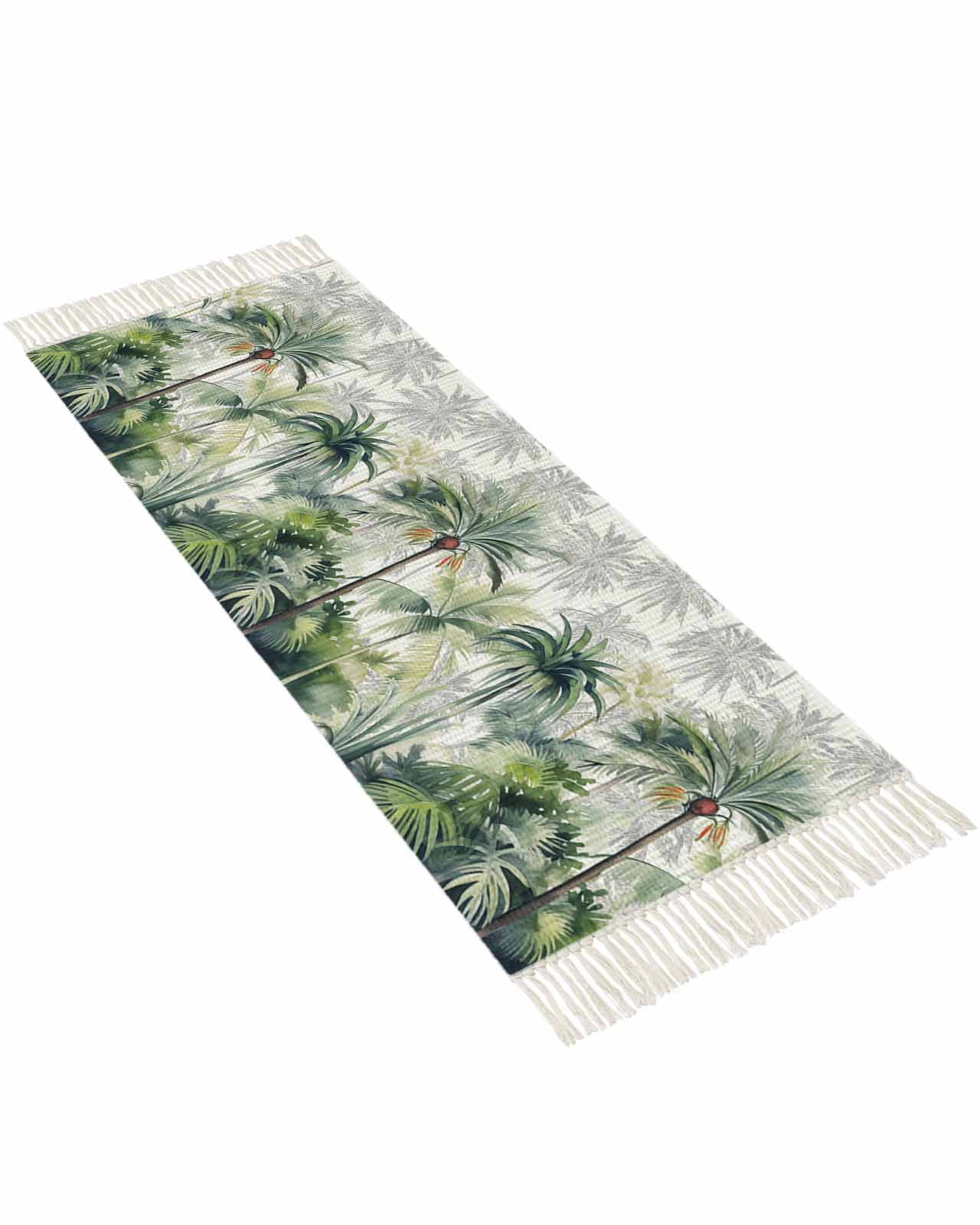 Green Grey Palm Tree Kitchen Runner Rug 2'x4', Washable Woven Cotton ...