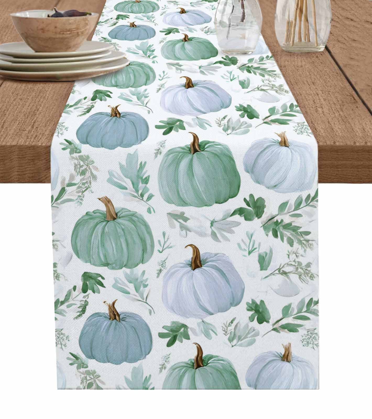 Green Grey Pumpkins Fall Table Runner 108 Inches, Autumn Botanical ...