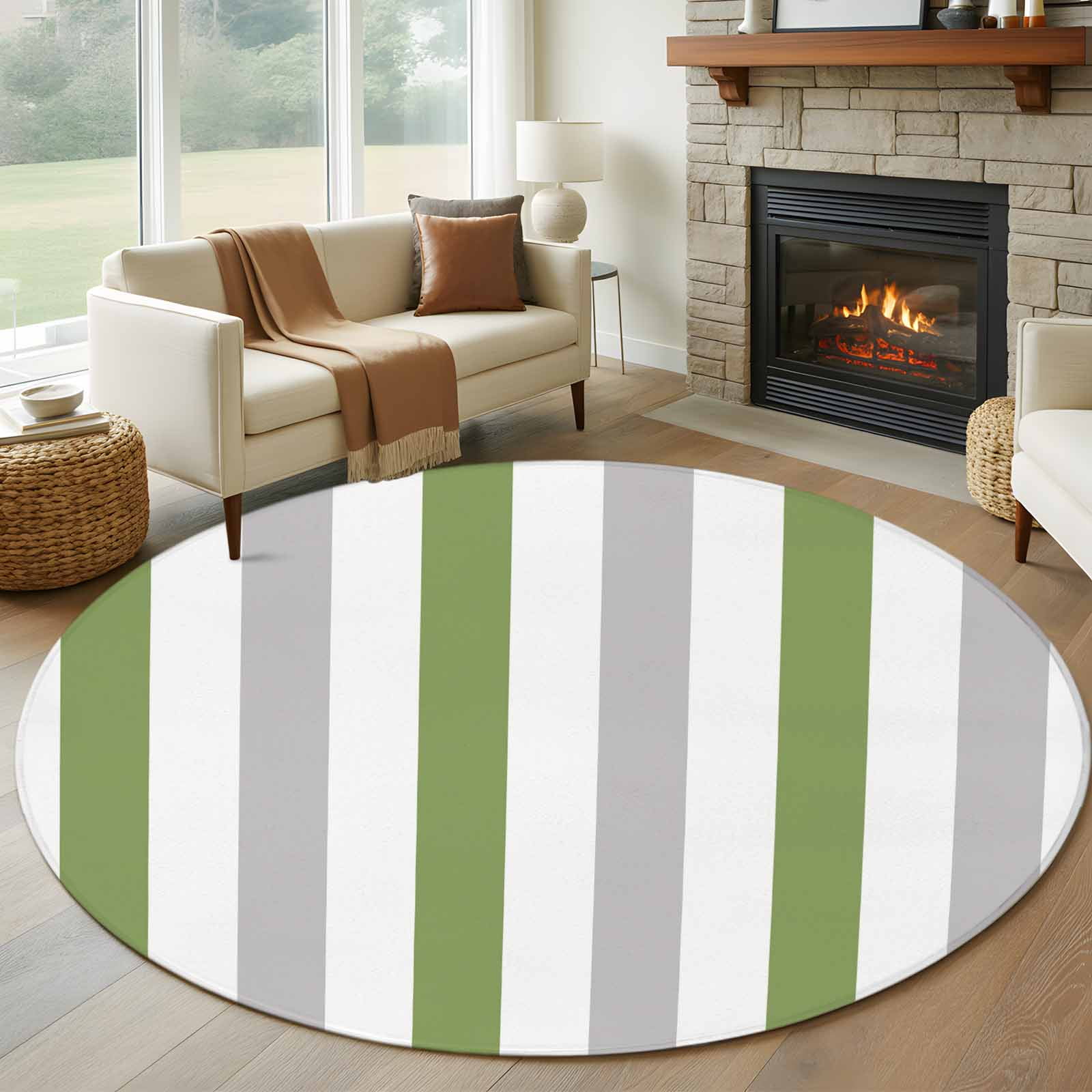 Green Grey Stripe 6ft Round Rug, Modern Farmhouse Vertical Striped Non ...