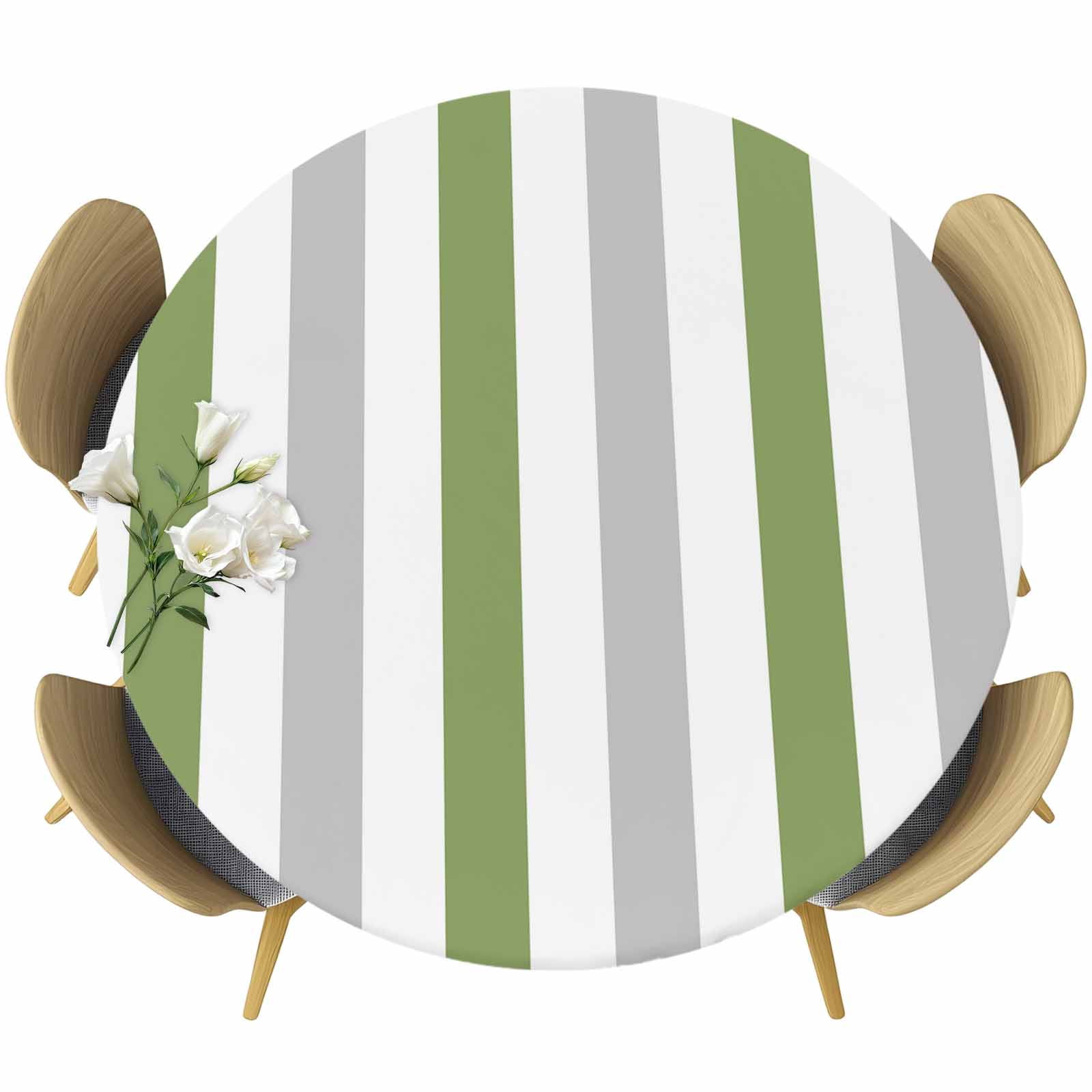 Green Grey Stripe Round Tablecloth 55-60 Inch Round Fitted Table Cloth ...
