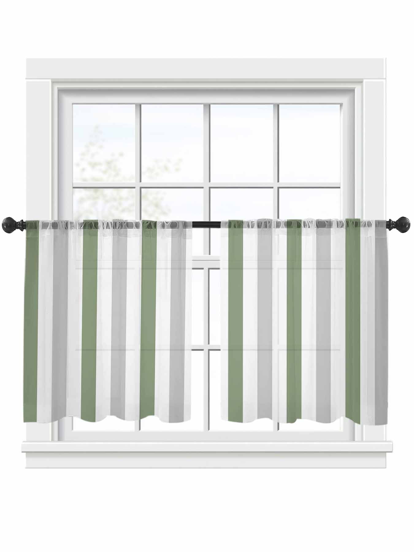 Green Grey Stripes Sheer Curtains 2 Panels Set Minimalist Abstract ...