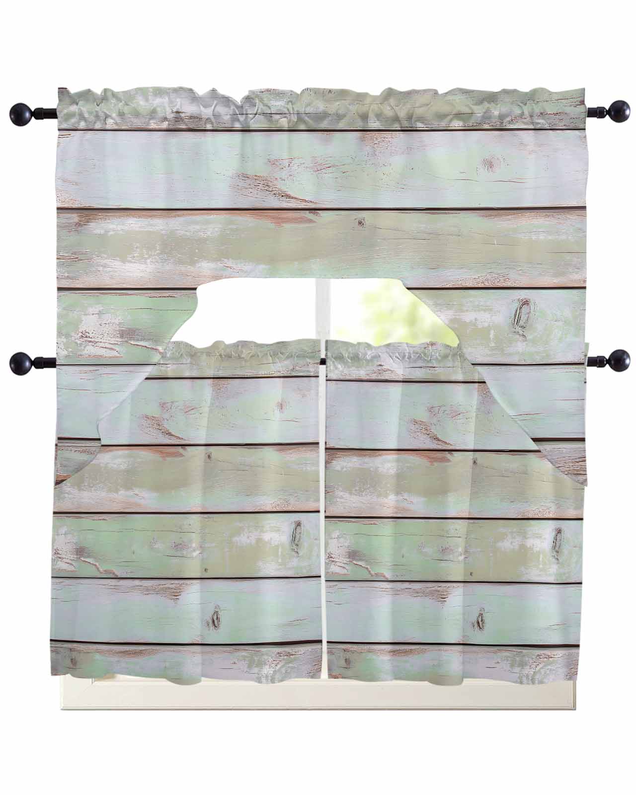 Green Grey Wooden Kitchen Curtains Swag Valance and Tier Curtains Set ...