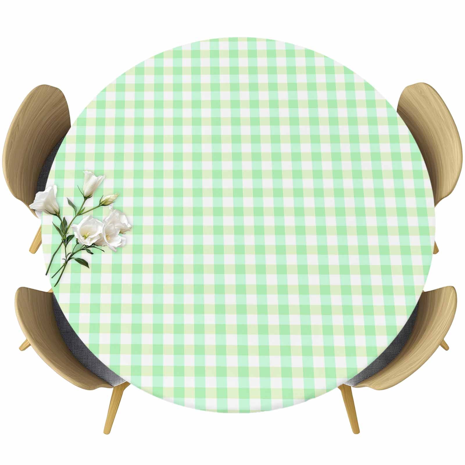 Green Grid Round Tablecloth, Fitted Table Cover with Elastic for 36"-44 ...