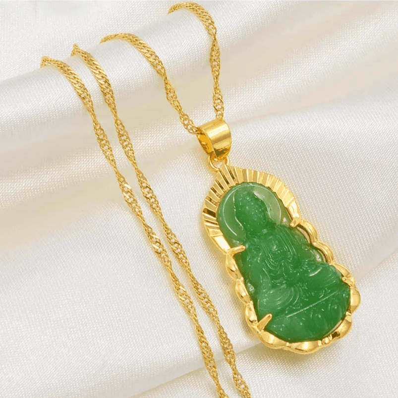 Green Guanyin 14k Yellow Gold Pendant Necklace Style Buddhist Ornament ...
