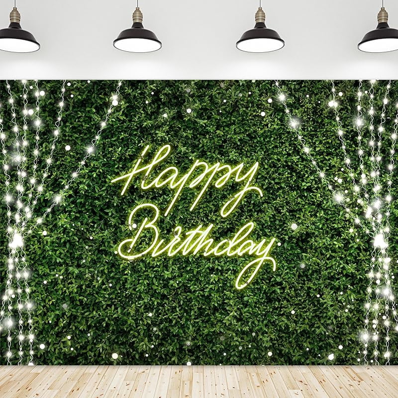 Green Happy Birthday Backdrop for Woman Grass Neon Leaf Rustic Spring ...