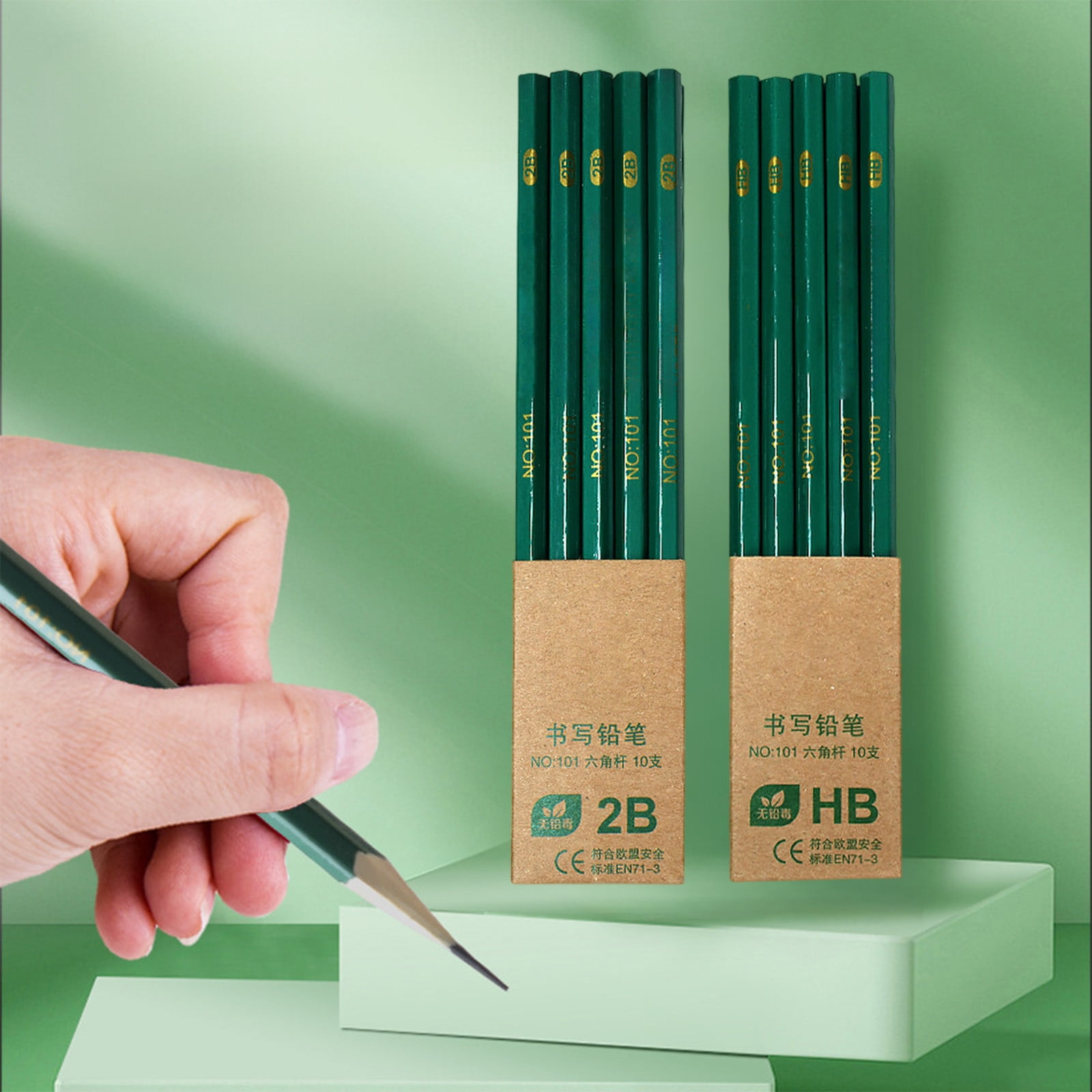 Green Hexagonal Wooden Pencils 10-Pack 2B/H Hardness Lead Core High ...