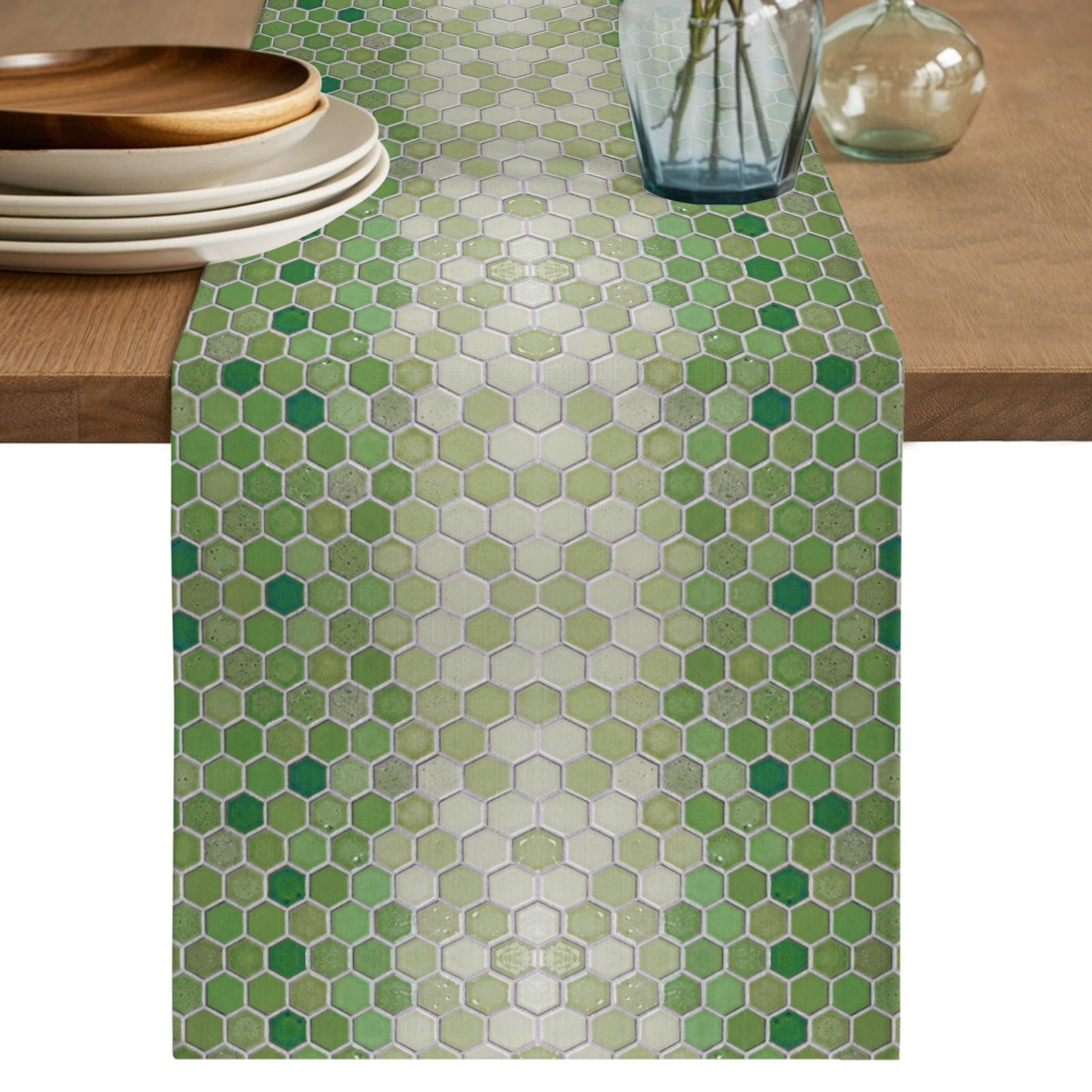 Green Honeycomb Plaid Table Runner, Modern Abstract Geometric Classic ...