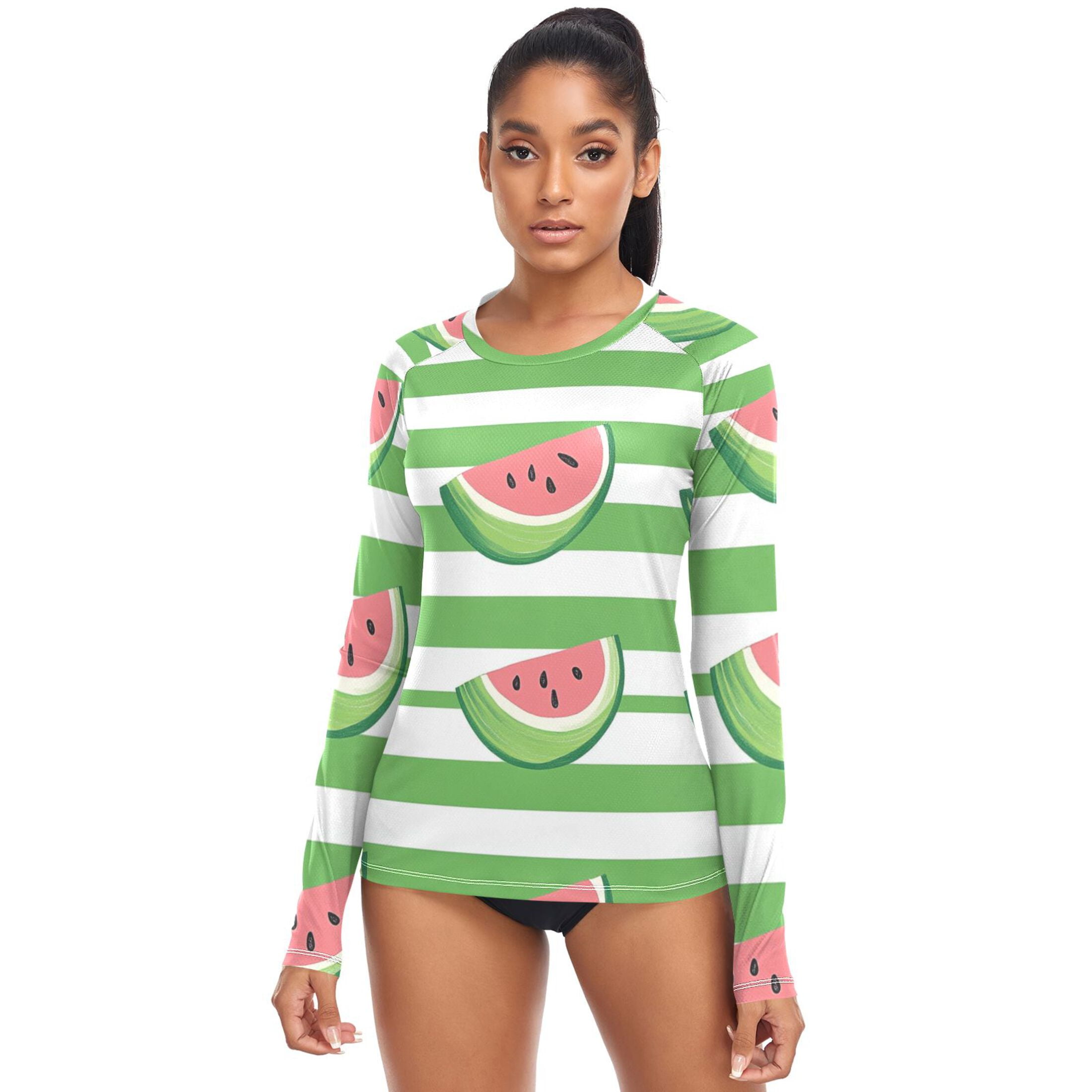 Green Horizontal Lines Cute Watermelons Women's Rash Guard Shirts UPF ...