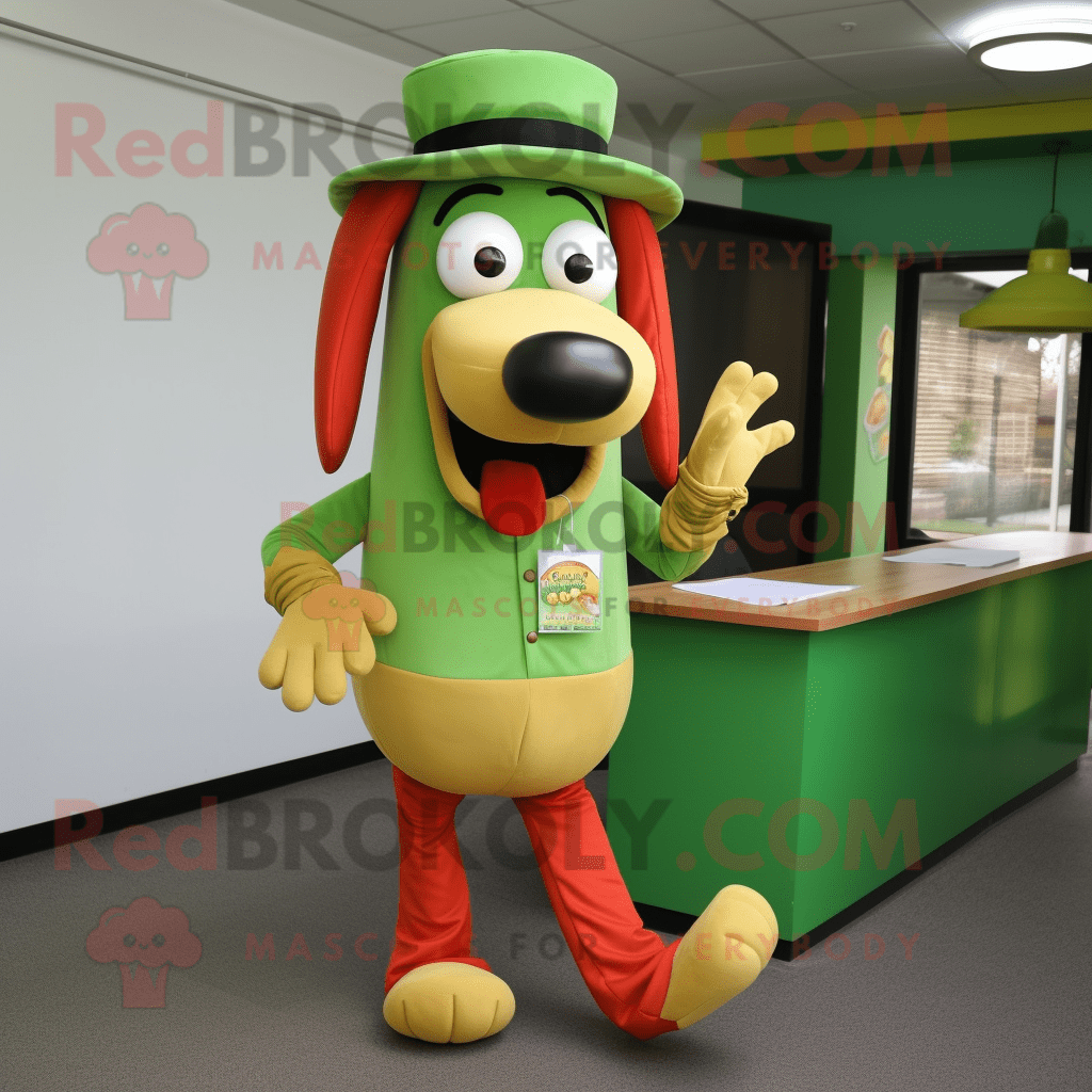 Green Hot Dog REDBROKOLY mascot costume character dressed with a Blouse ...
